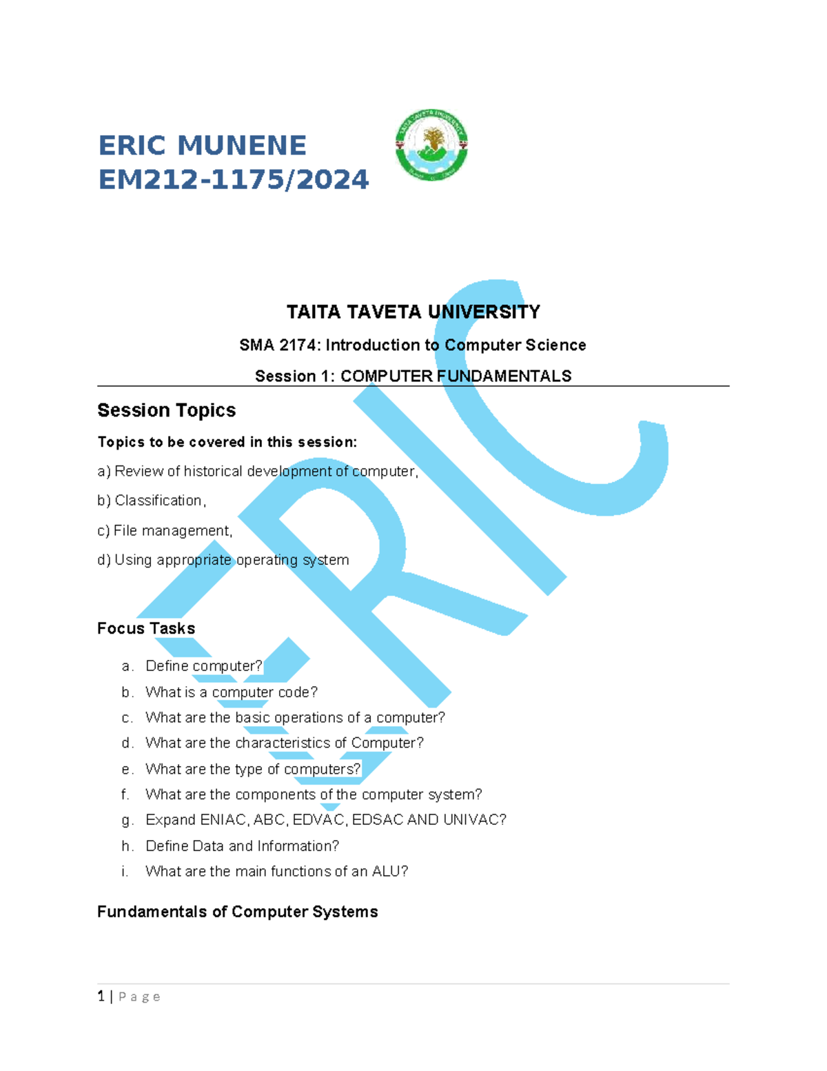 Session 1[ Computer Science - ERIC MUNENE EM212-1175/ TAITA TAVETA UNIVERSITY SMA 2174 ...