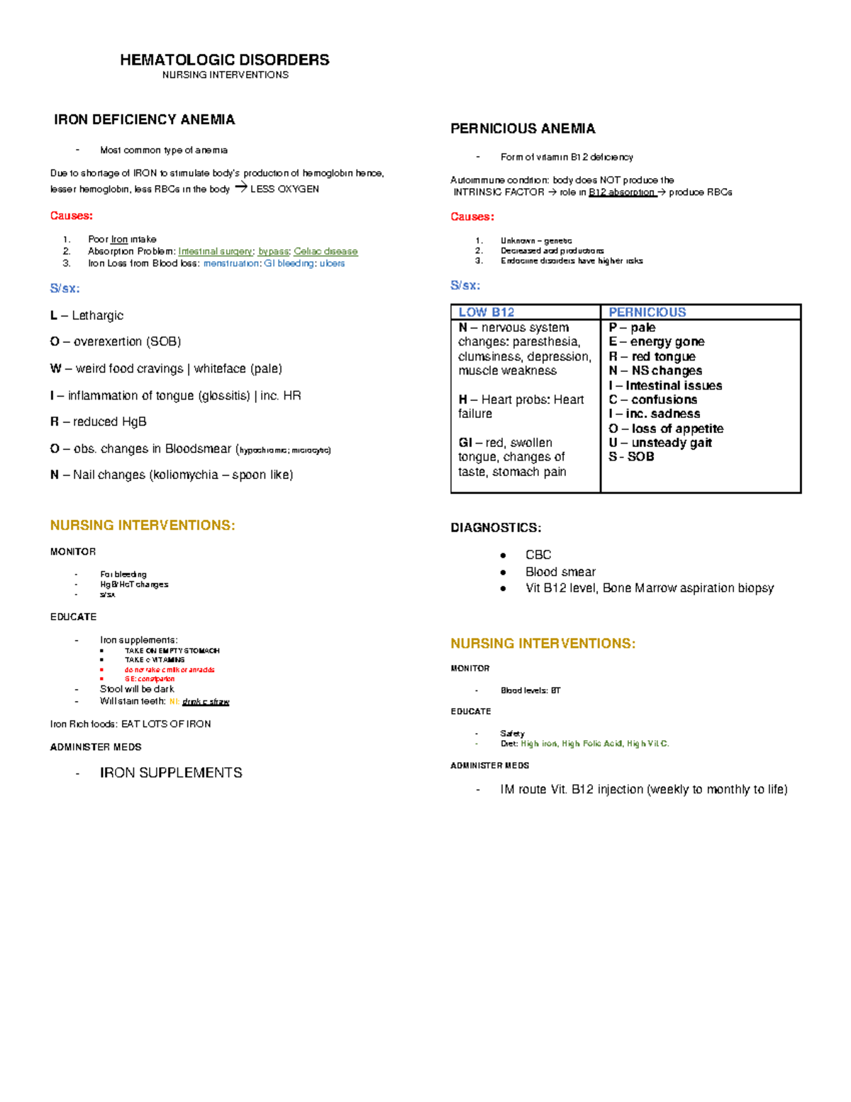 Hematologic Disorders notes - HEMATOLOGIC DISORDERS NURSING ...