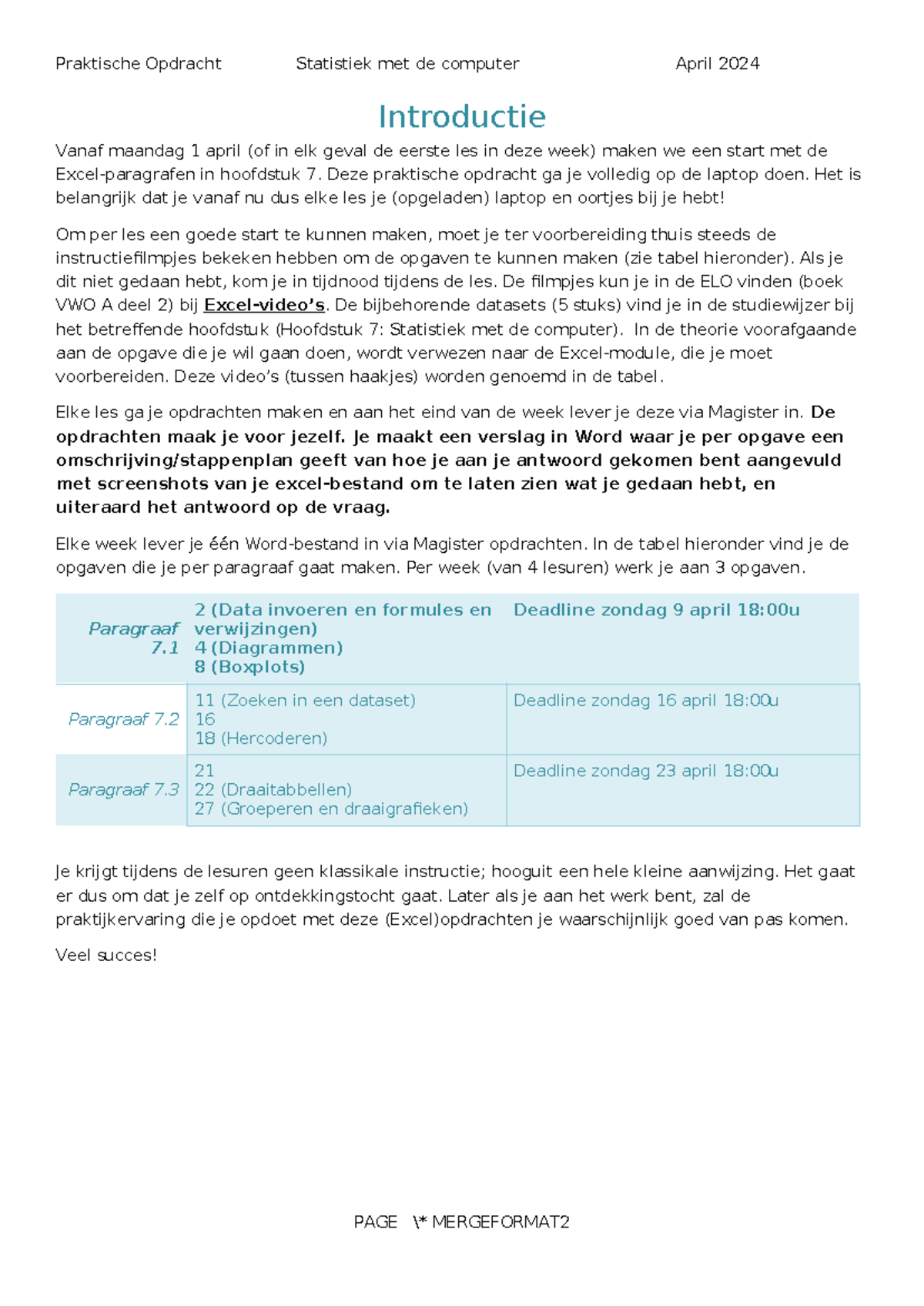 V4A Excel instructie 2324 - Praktische Opdracht Statistiek met de ...