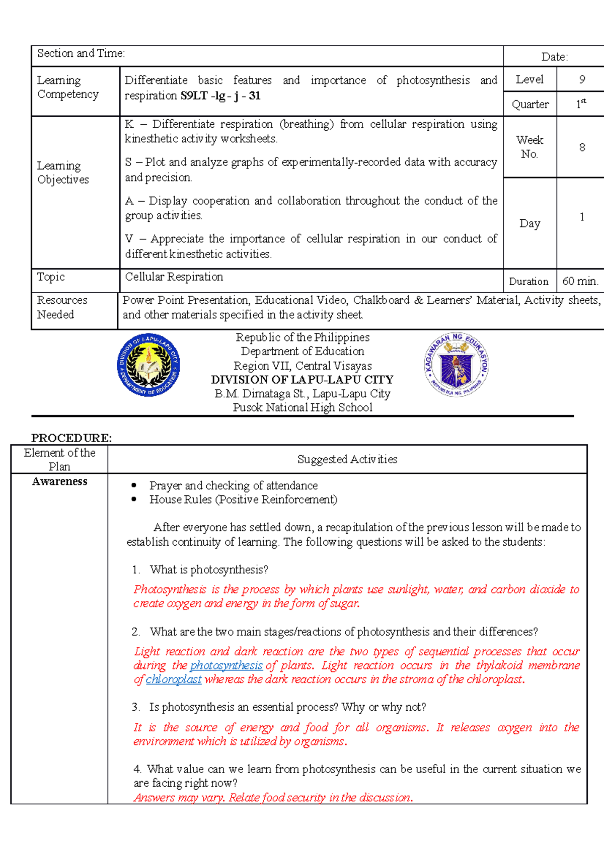 S9 Q1 W8 D1 - A detailed Lesson Plan and activities - Section and Time ...