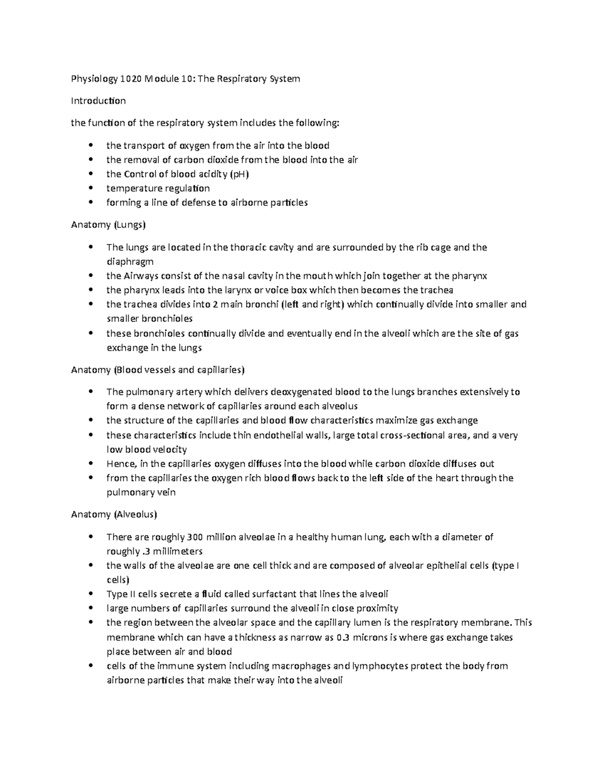 Module 10 - Notes - Physiology 1020 Module 10: The Respiratory System ...