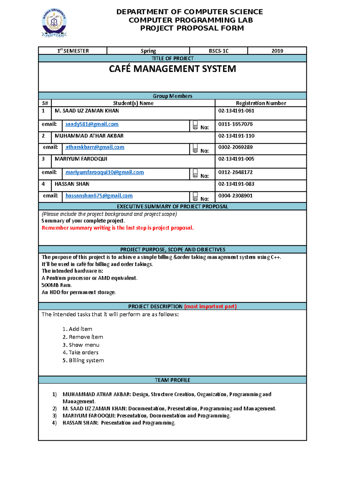 Hassan SHAN Computer PROG. CAFE Management System Proposal - DEPARTMENT ...