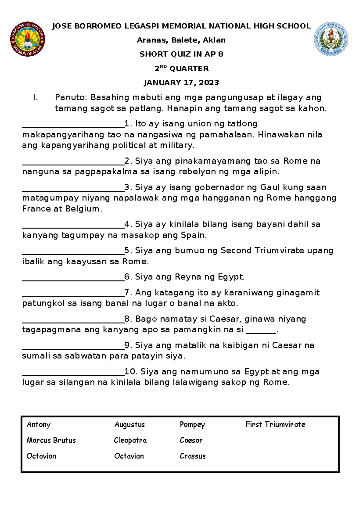 AP QUIZ - quiz sample - JOSE BORROMEO LEGASPI MEMORIAL NATIONAL HIGH ...