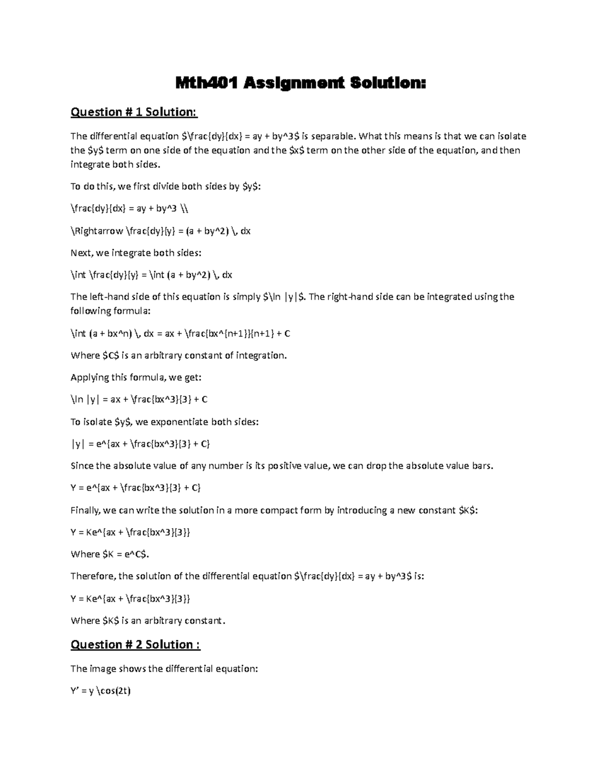 Mth401 Sol - Mth401 Assignment Solution: Question # 1 Solution: The ...