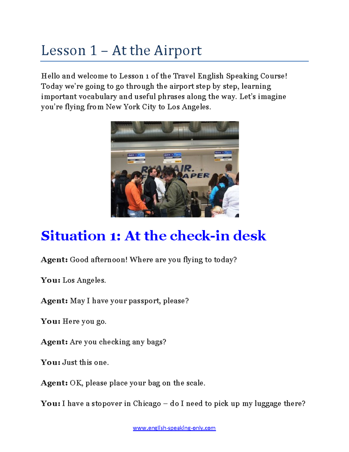 At airport - ENGLISH - Lesson 1 – At the Airport Hello and welcome to ...