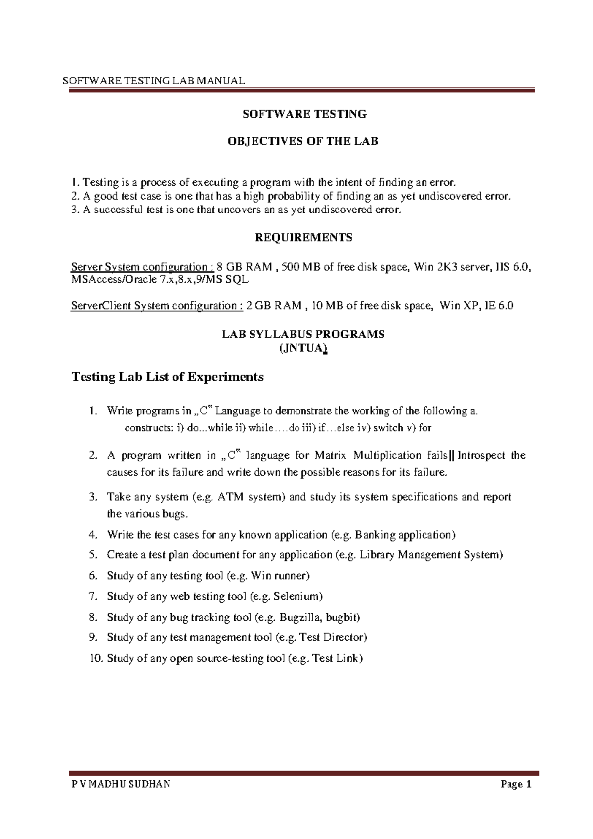 Software Testing Lab P Madhushan Software Testing Lab Manual Software Testing Objectives Of