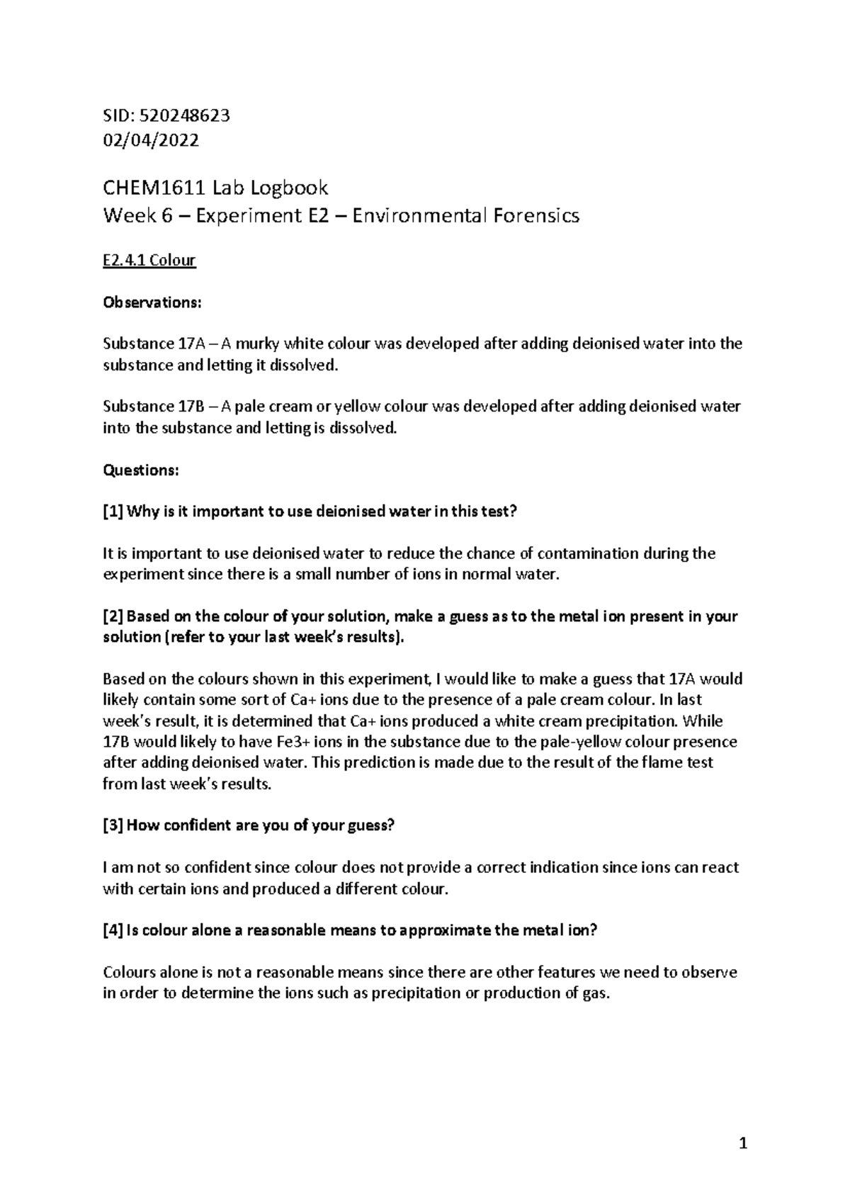 E2 Logbook - Environmental Forensics - SID: 520248623 02/04/ CHEM1611 Lab Logbook Week 6 – - Studocu