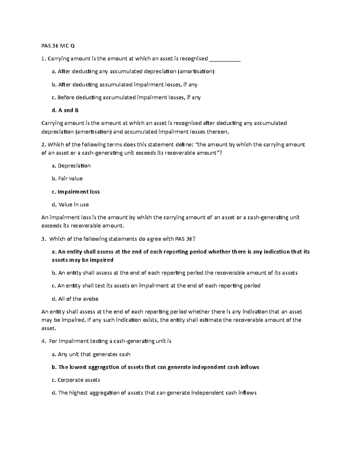 PAS 36, 38 MCQ - assignment - PAS 36 MC Q Carrying amount is the amount ...