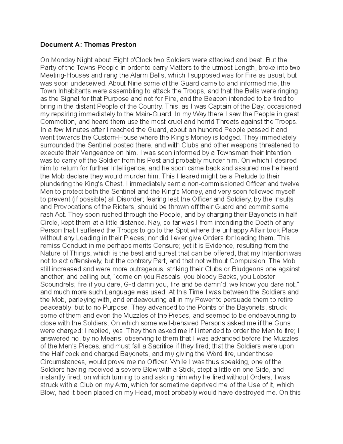 Boston Massacre Original Documents - Document A: Thomas Preston On ...