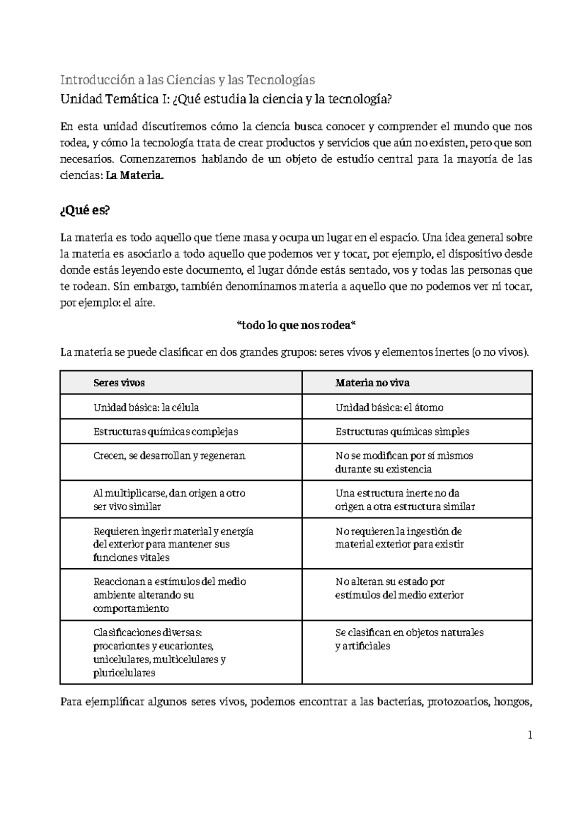 ICYT - U1.S1 - Materia viva y no viva - Introducción a las Ciencias y ...
