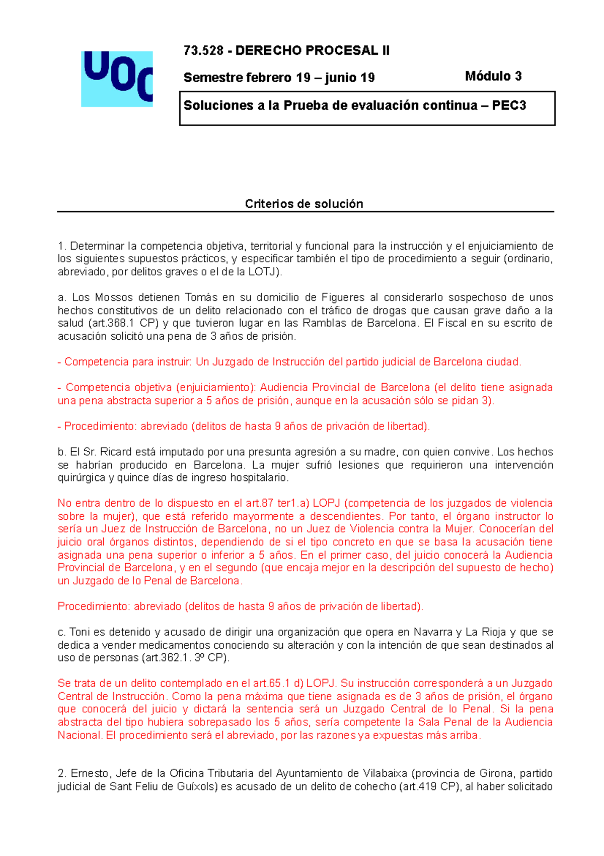 73528 Sol PEC 3-3 - SOLPEC - 73 - DERECHO PROCESAL II Semestre febrero 19 – junio 19 Módulo 3 ...