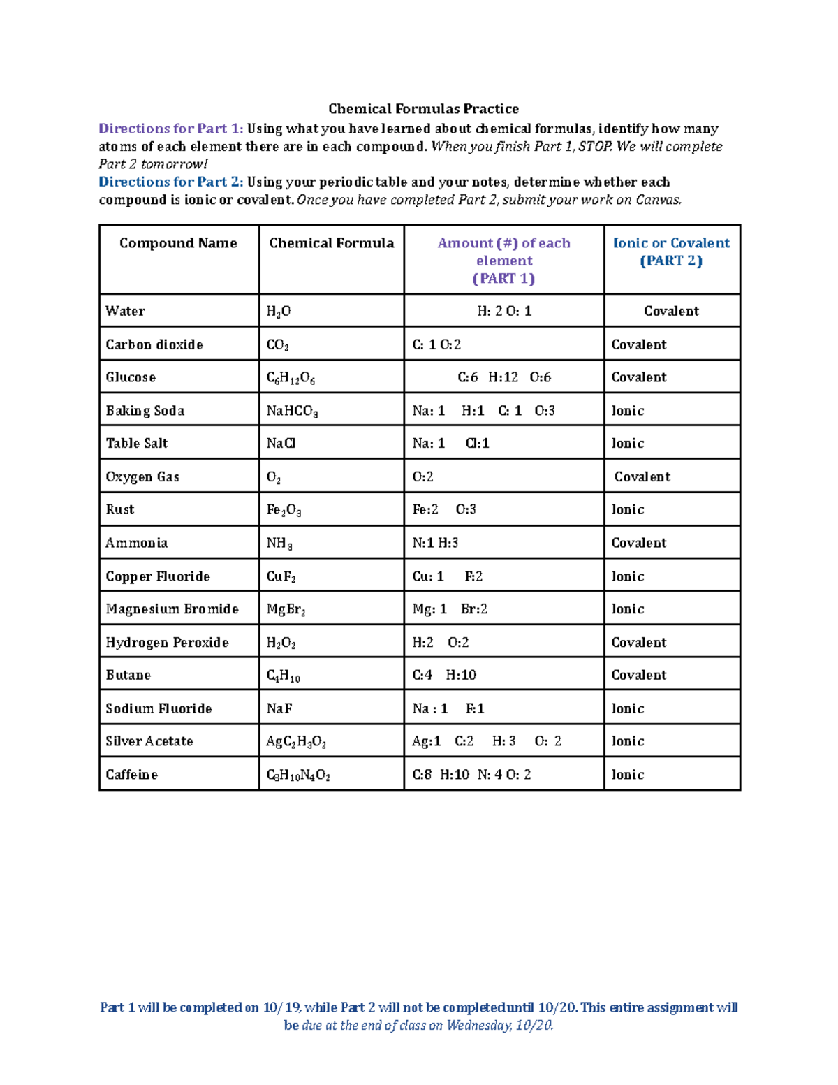 Chemical Formulas Practice - Chemical Formulas Practice Directions for ...
