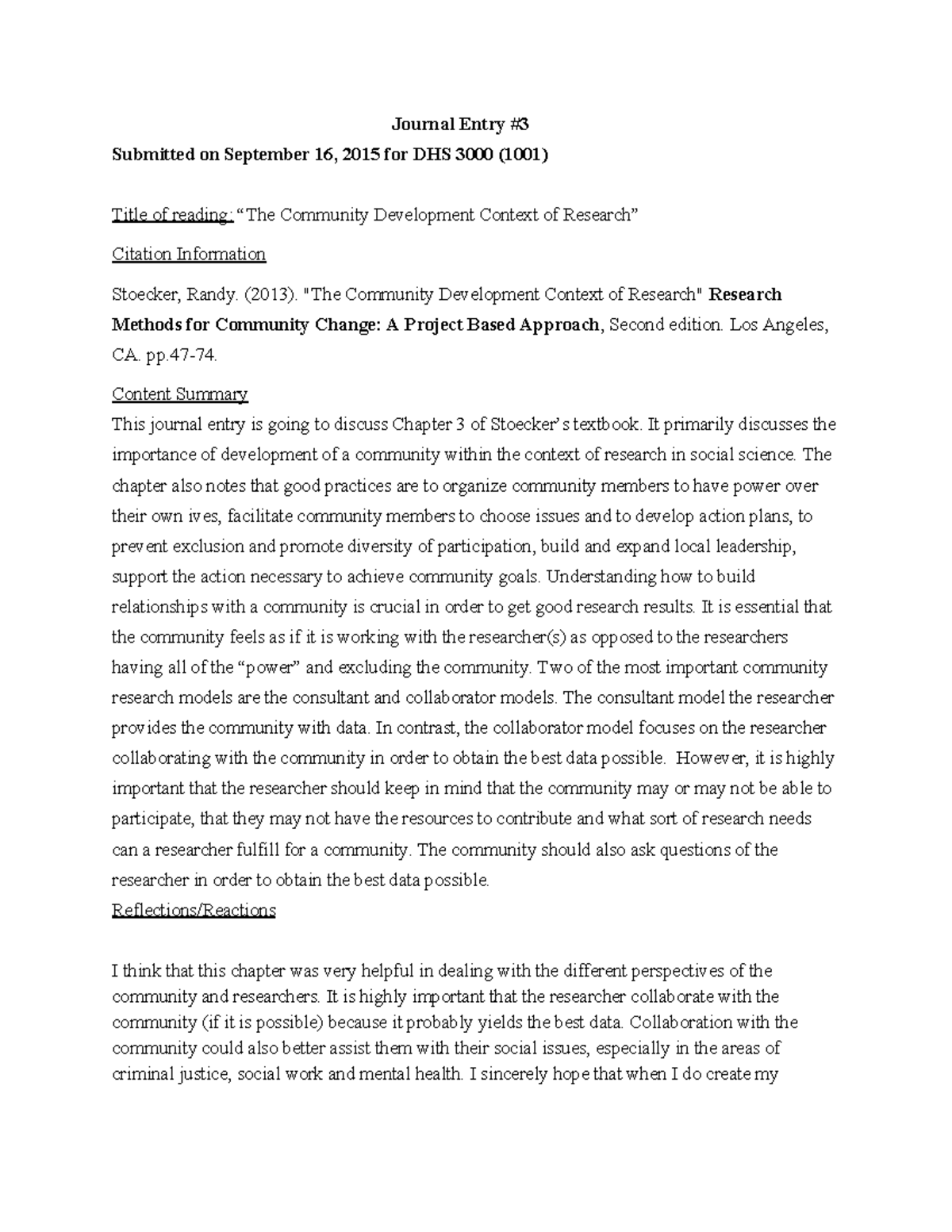 DHS 3000 Journal Entry 3 - Journal Entry #3 Submitted on September 16 ...