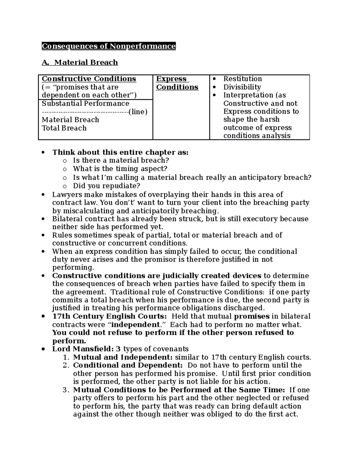 Contracts Law Outline - 2 - Consequences of Nonperformance A. Material ...