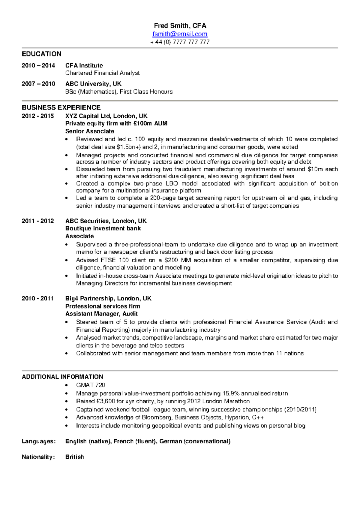 CV-Template - DDDDD - Fred Smith, CFA fsmith@email + 44 (0) 7777 777 ...