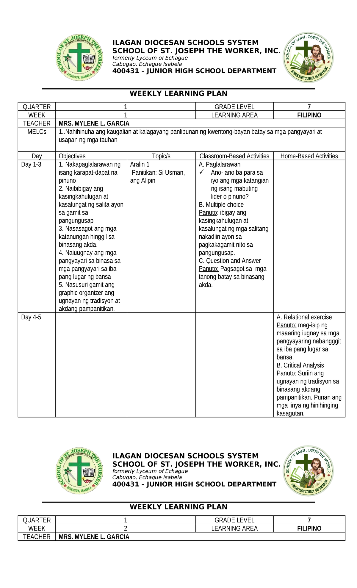 Weekly- Learning-PLAN - WEEKLY LEARNING PLAN QUARTER 1 GRADE LEVEL 7 ...