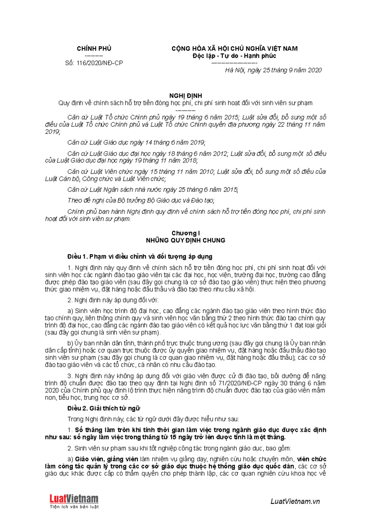 Nghi dinh 116 2020 nd cp ho tro tien hoc phi cho sinh vien su pham - CHÍNH PHỦ Số: 116/2020/NĐ ...