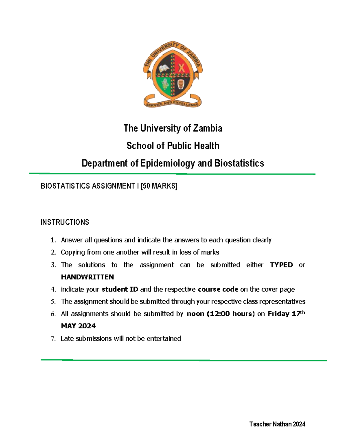 Biostatistics assignment I-2024 - Teacher Nathan 2024 BIOSTATISTICS ASSIGNMENT I [50 MARKS ...