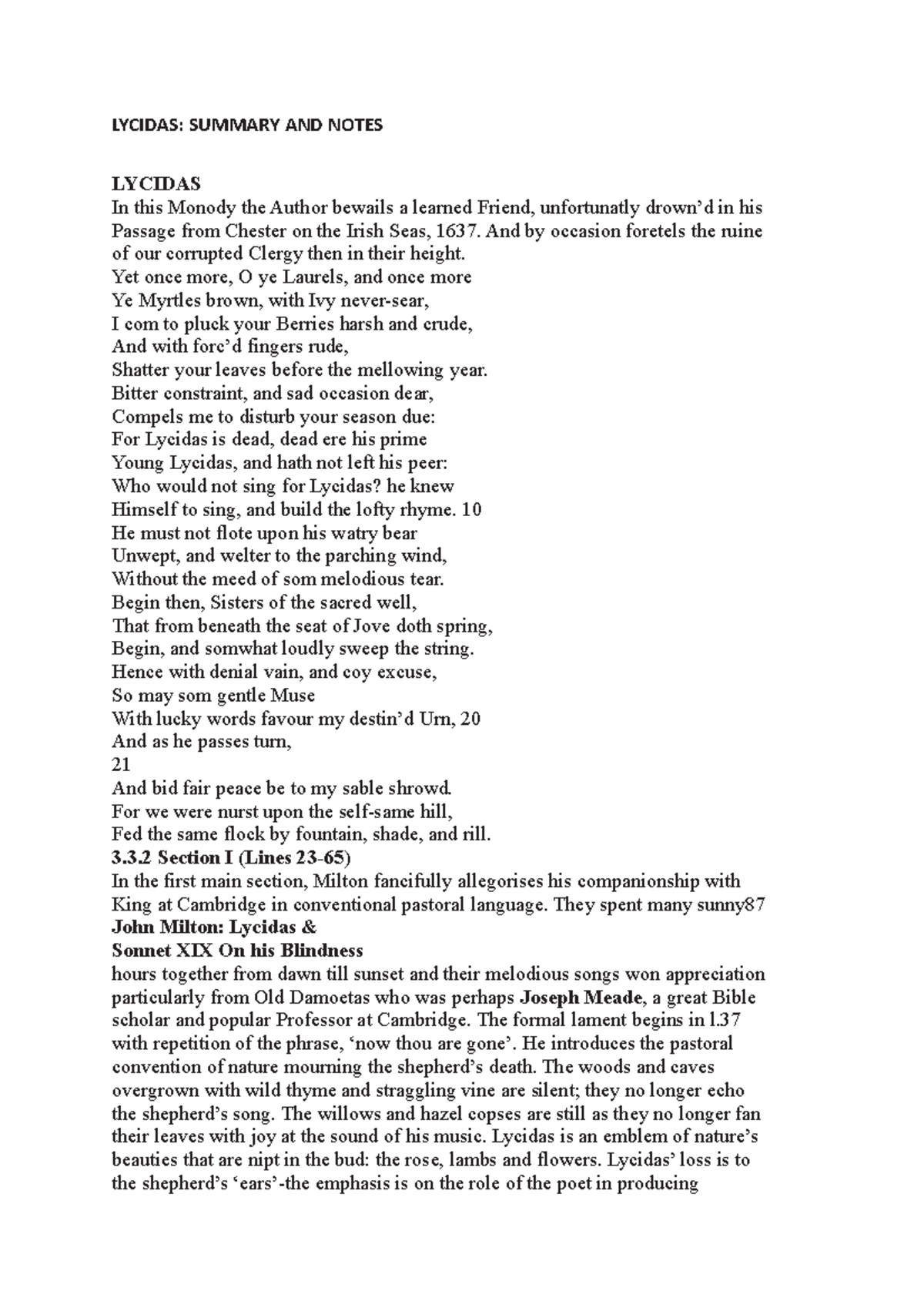 Lycidas Summary AND Notes - LYCIDAS: SUMMARY AND NOTES LYCIDAS In this ...