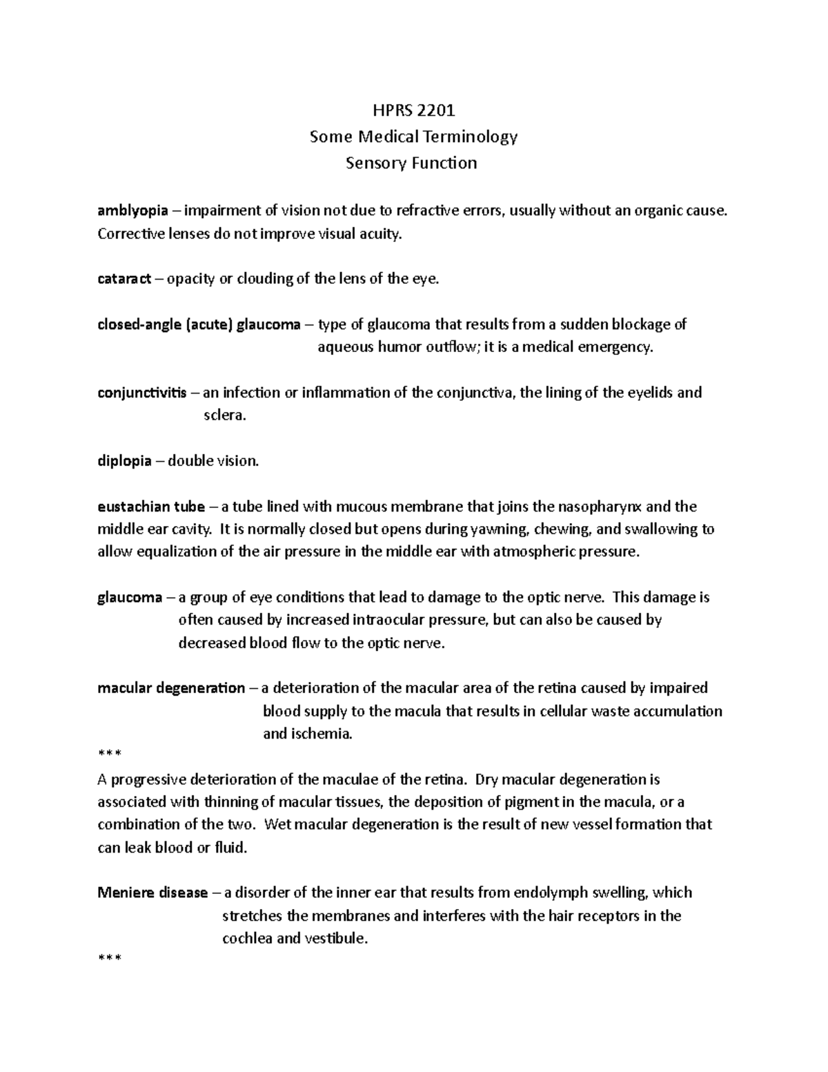HPRS 2201 terminology Sensory Function (for your reference) - HPRS 2201 ...