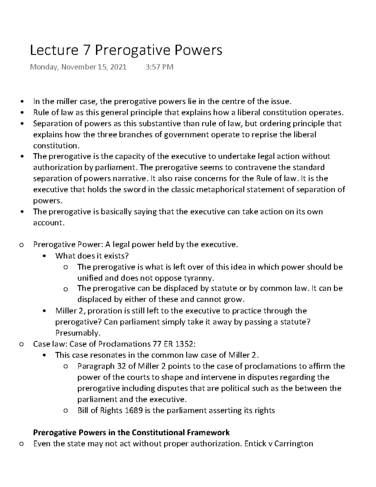 Lecture 7 Prerogative Powers - In the miller case, the prerogative ...