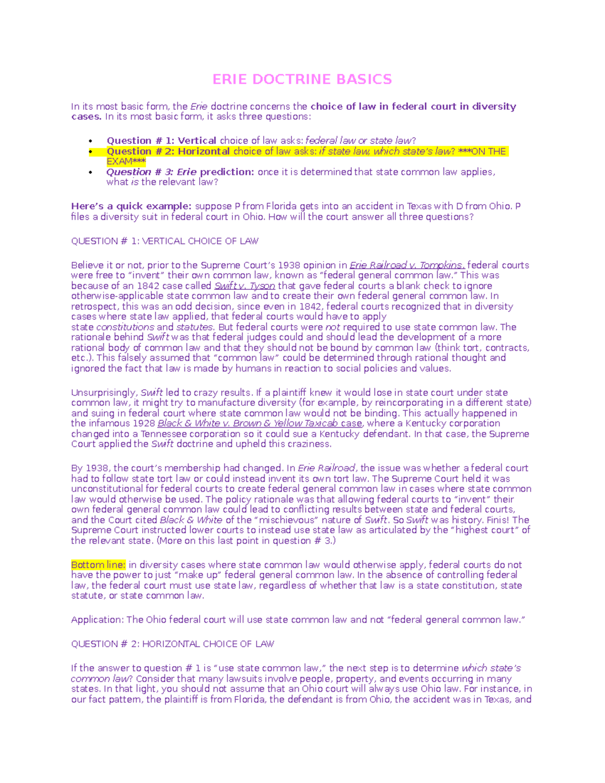 ERIE Doctrine Basics and Examples - ERIE DOCTRINE BASICS In its most ...