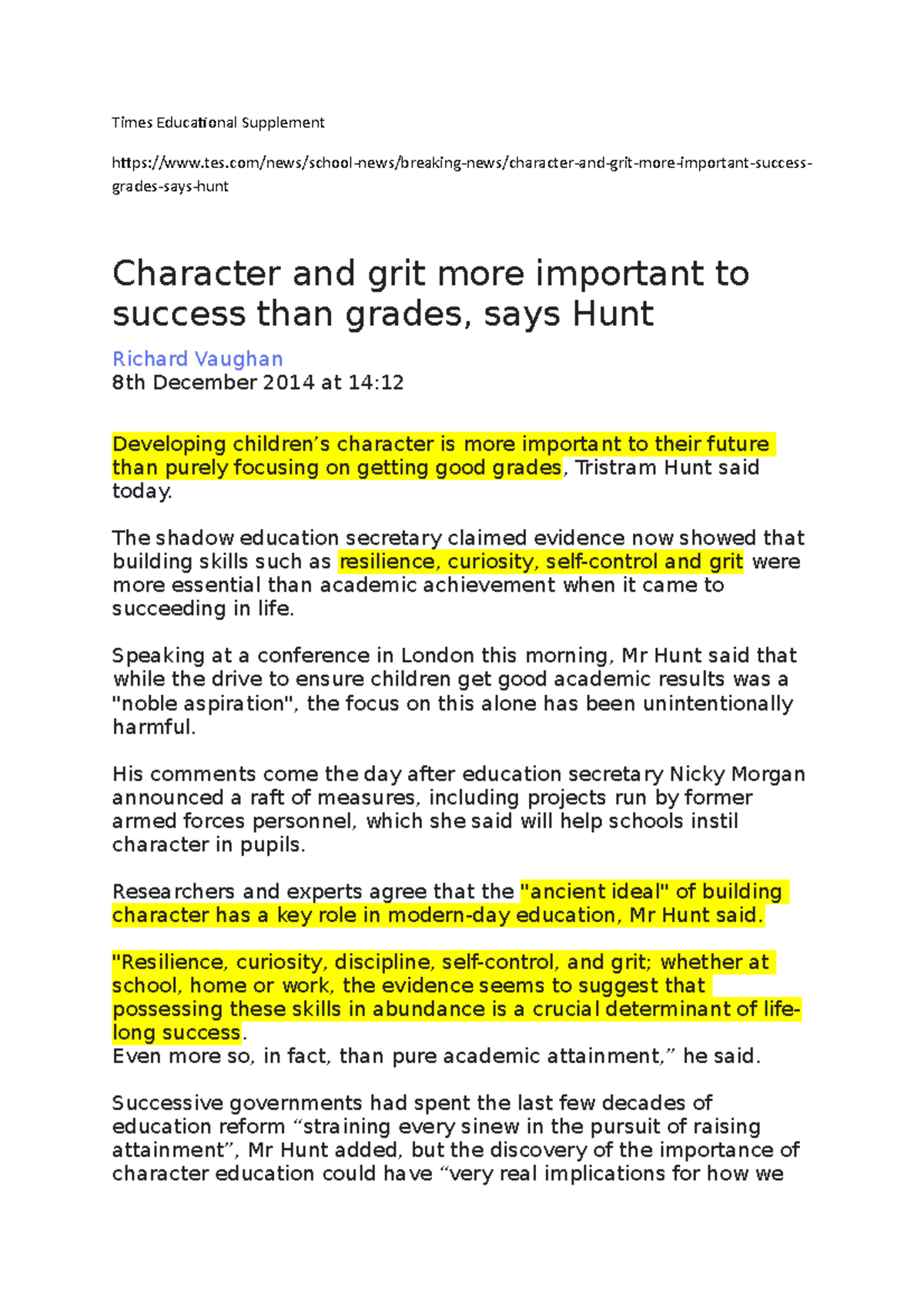 Character AND GRIT Seminar 7 AND 8 - Times Educational Supplement - Studocu