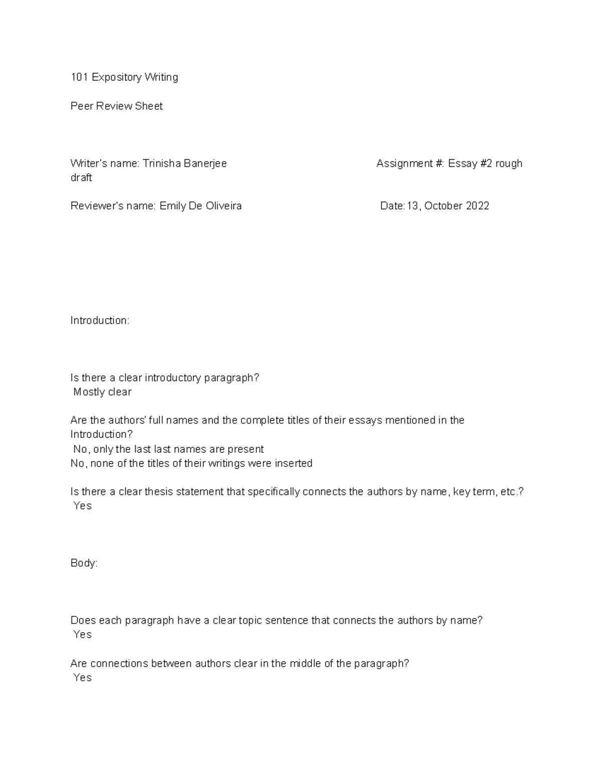 Peer review - Professor Smith - 101 Expository Writing Peer Review ...