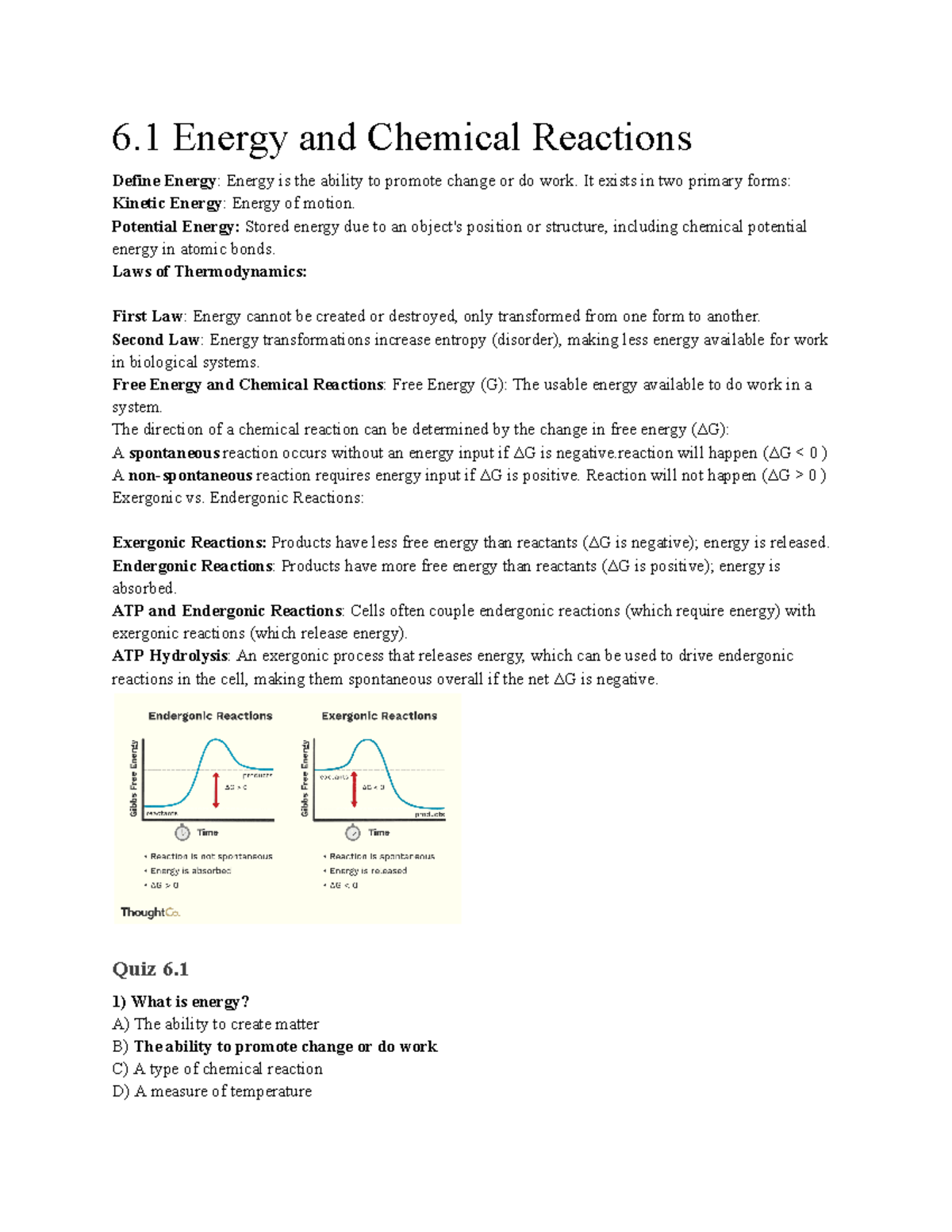 BIO 190 exam #2 study guide - 6 Energy and Chemical Reactions Define ...