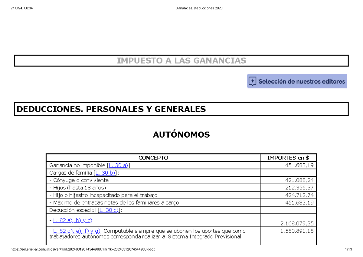 Ganancias. Deducciones 2023 - IMPUESTO A LAS GANANCIAS DEDUCCIONES. PERSONALES Y GENERALES ...