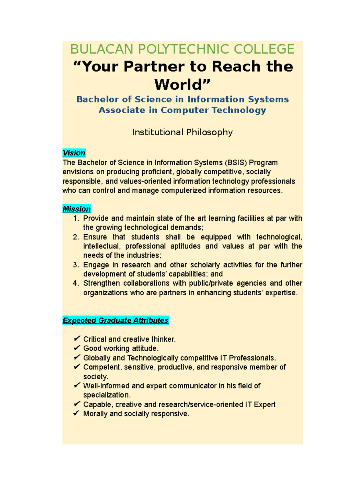 Bolddd - FDFDFDFD - BULACAN POLYTECHNIC COLLEGE “Your Partner to Reach ...