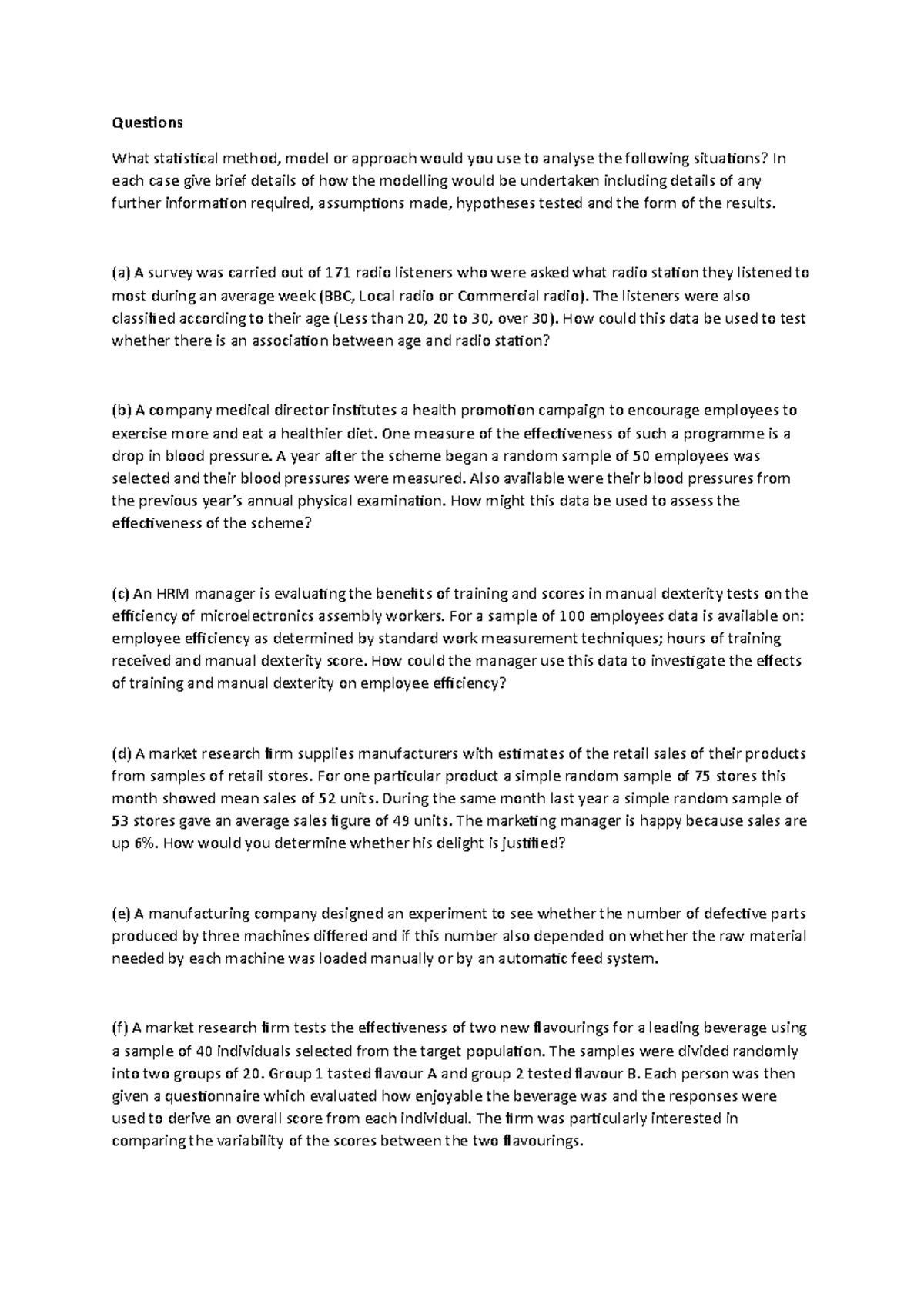 Identifying appropriate statistical approach(1) - Questions What ...