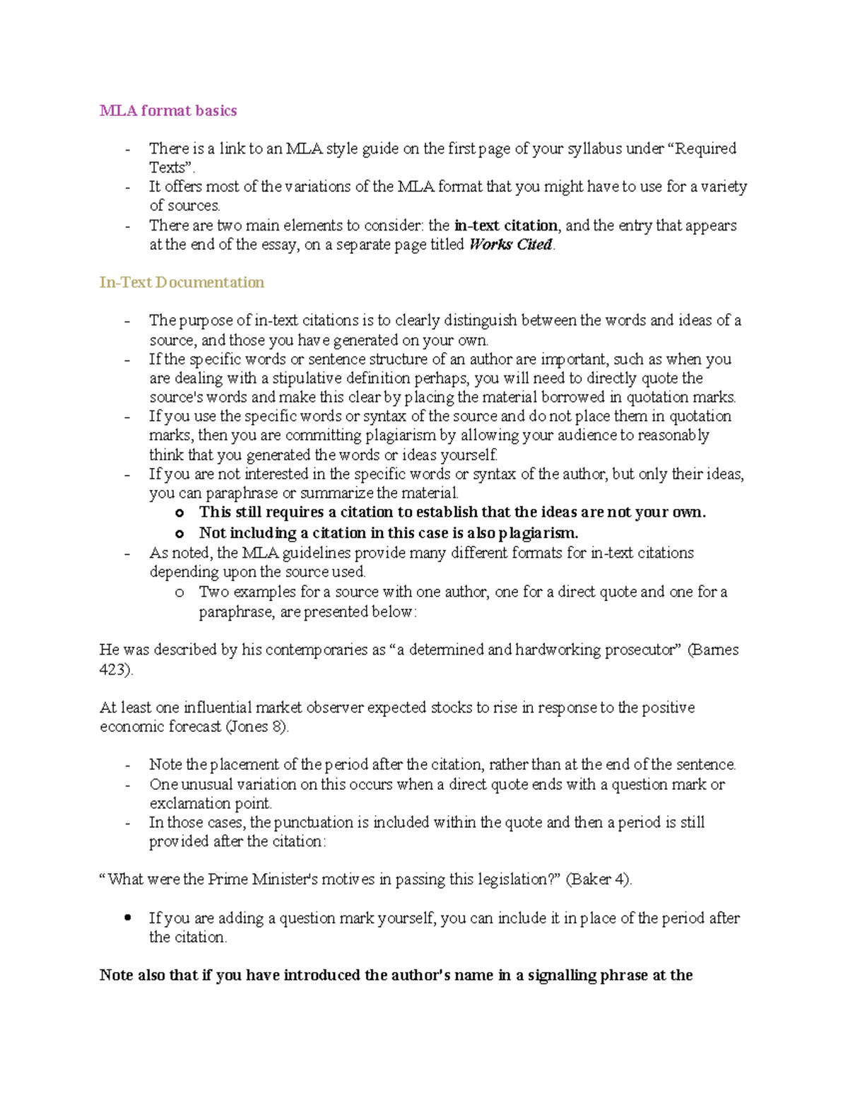 ENG 1100 (Citation notes) - MLA format basics There is a link to an MLA ...