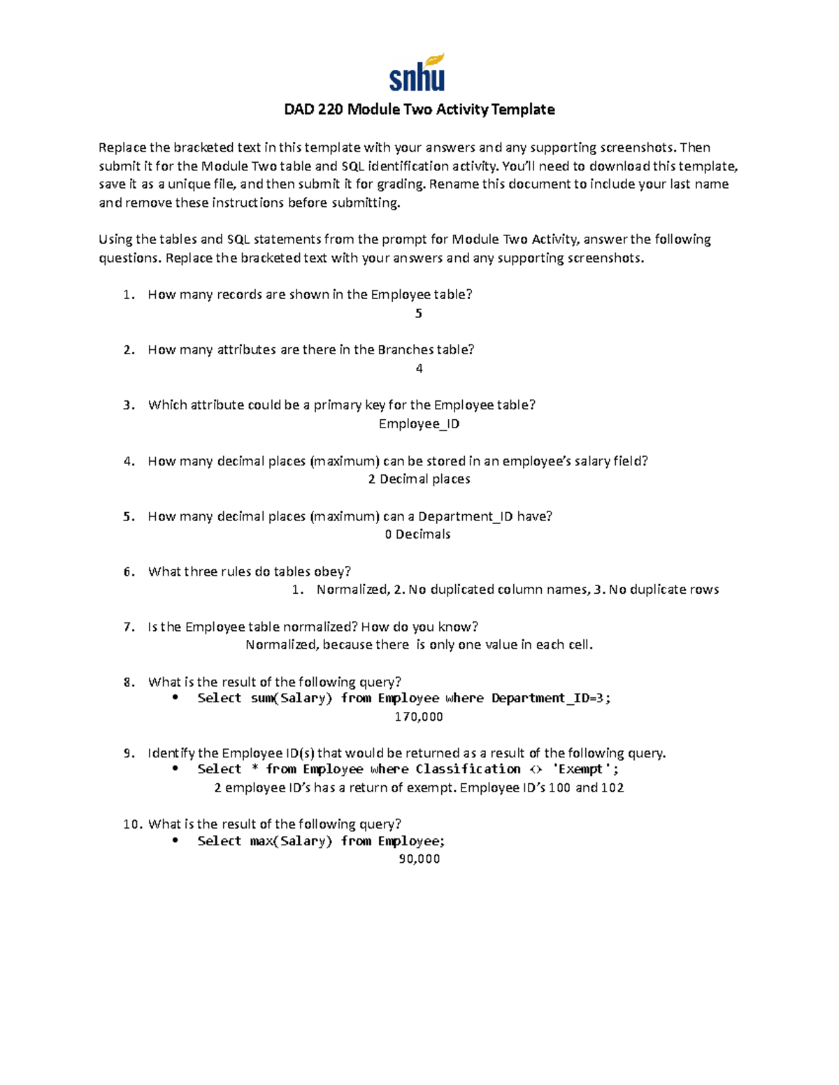 Dad 220 Module Two Activity Thensubmit It For The Module Two Table And Sql Identification