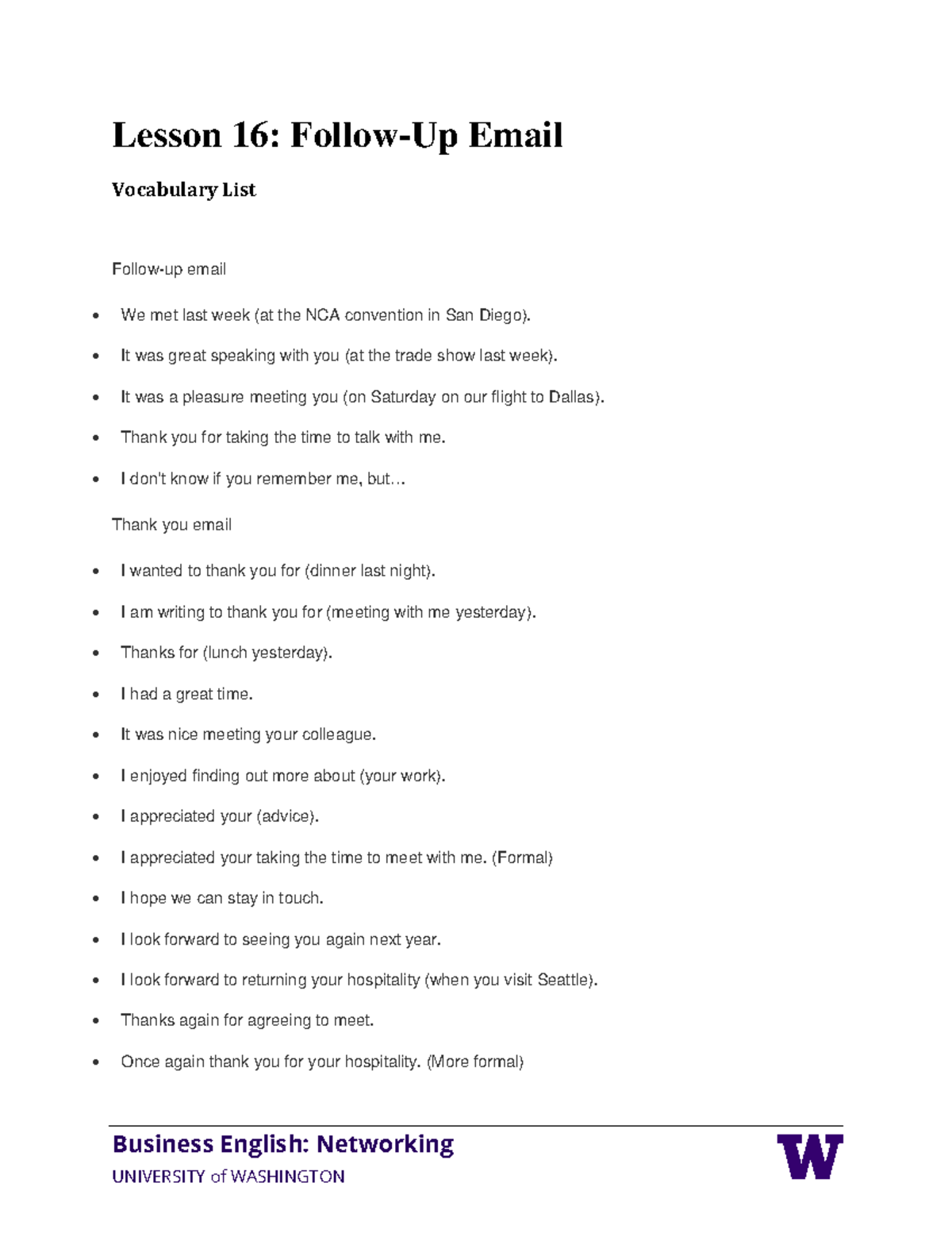 Follow-Up email - 3rf3rfcercfe3 - Business English: Networking ...