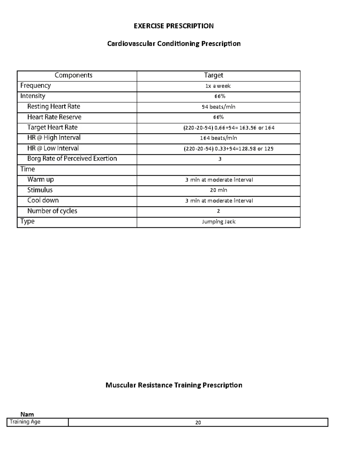 Exercise- Precription-MEAL-PLAN - EXERCISE PRESCRIPTION Cardiovascular ...