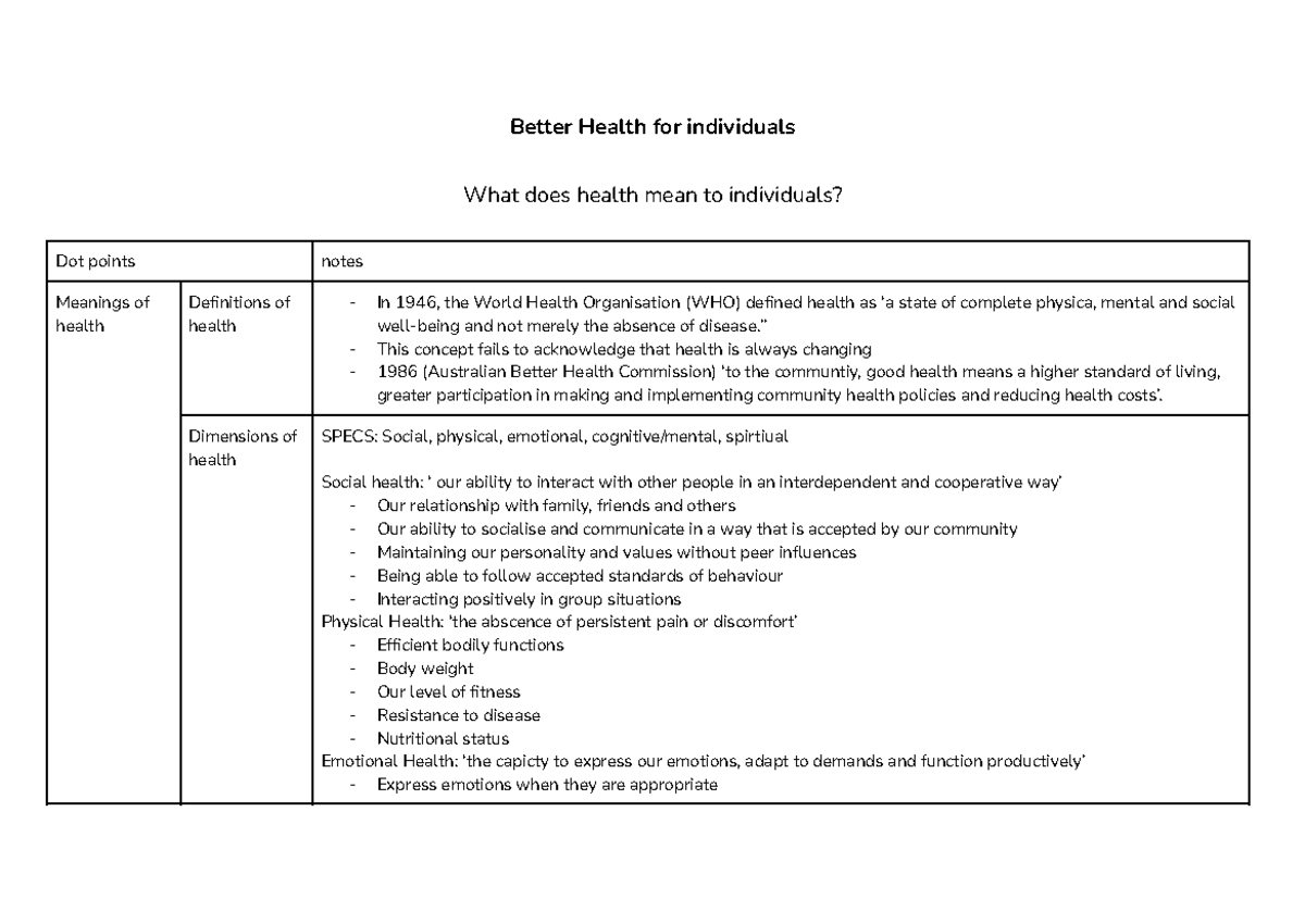 Pdhpe notes- yr 11 - Better Health for individuals What does health ...