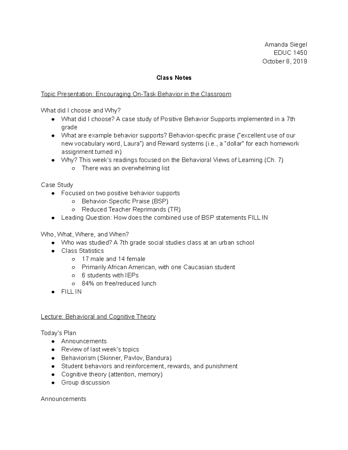 10/8 Class Notes - Professor Yoko Yamamoto - Amanda Siegel EDUC 1450 ...