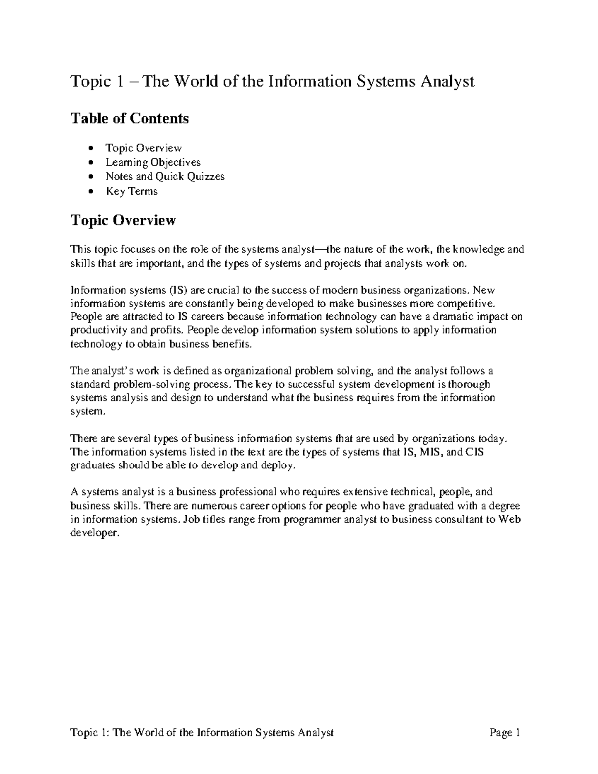 Topic 1 The World of the Information Systems Analyst - Topic 1 3 The ...