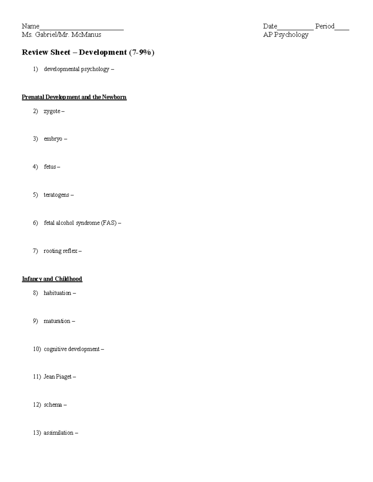 Review Sheet - Development - Name_______________________ Date ...