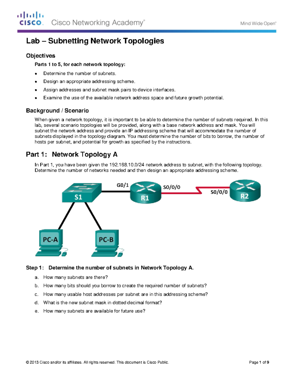 Subnetting Network Topologies - Objectives Parts 1 to 5, for each ...