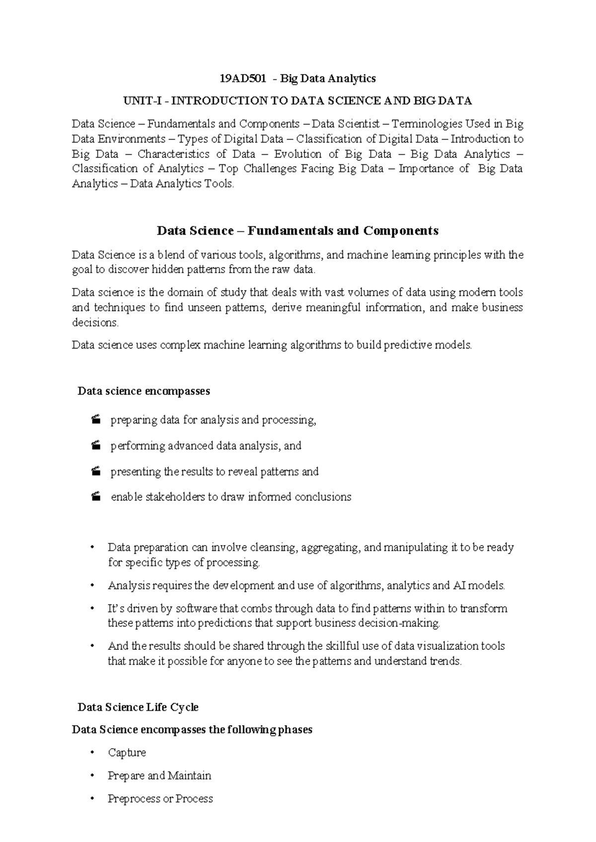 Unit 1 - 19AD501 - Big Data Analytics UNIT-I - INTRODUCTION TO DATA SCIENCE AND BIG DATA Data ...