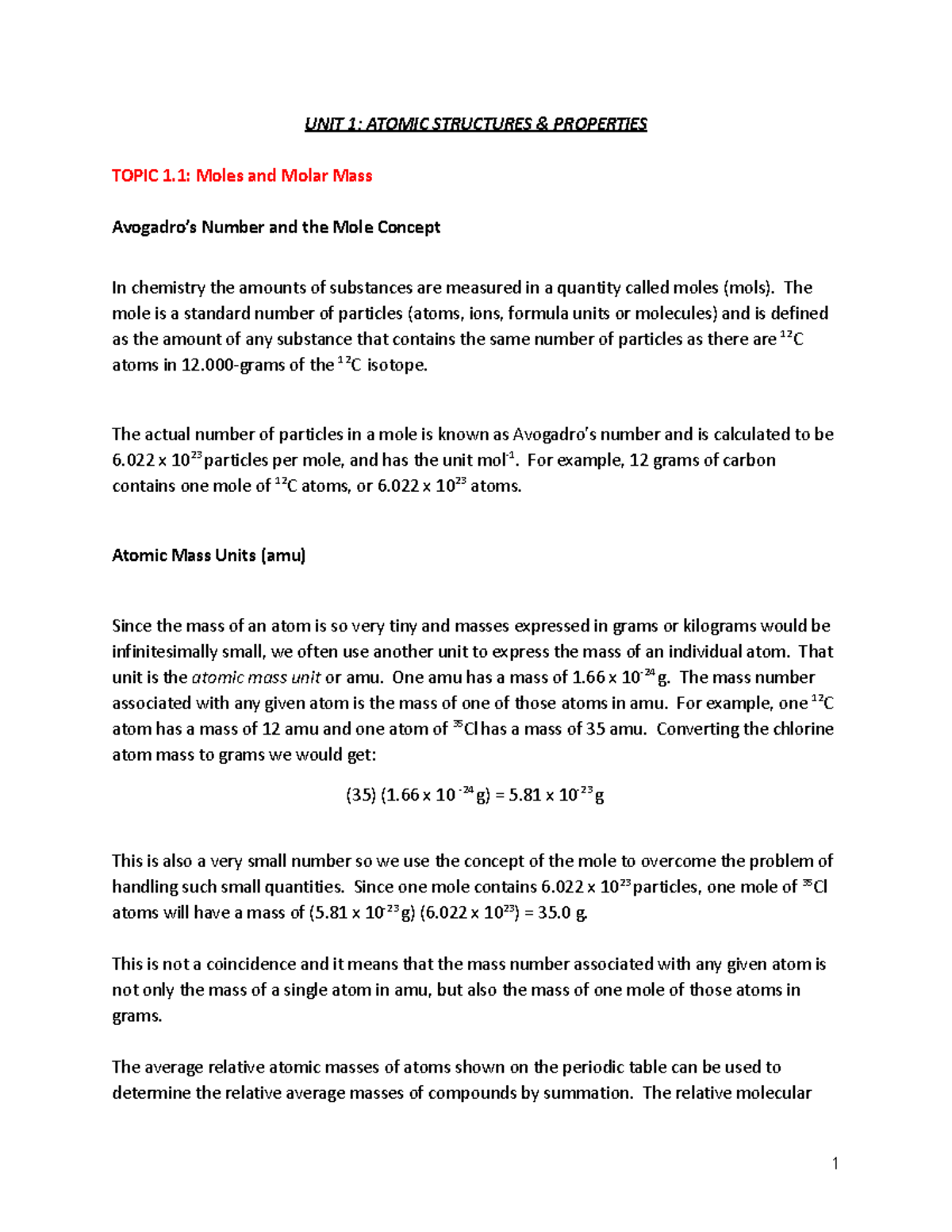 AP Chemistry 1.0 Unit 1 Notes - UNIT 1: ATOMIC STRUCTURES & PROPERTIES ...