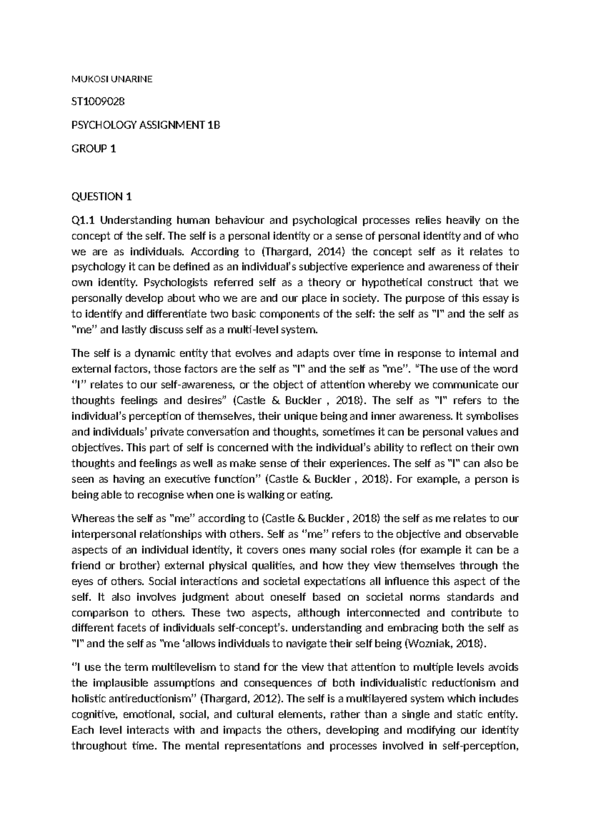 PSED2 Assignment 1B - MUKOSI UNARINE ST PSYCHOLOGY ASSIGNMENT 1B GROUP 1 QUESTION 1 Q1 ...