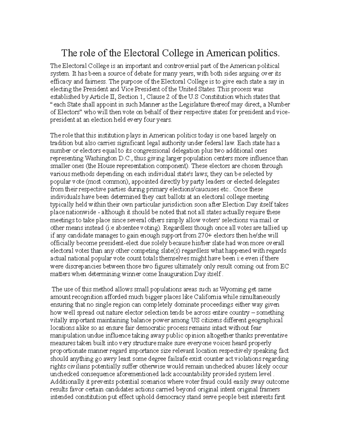 The role of the Electoral - The Electoral College is an important and ...