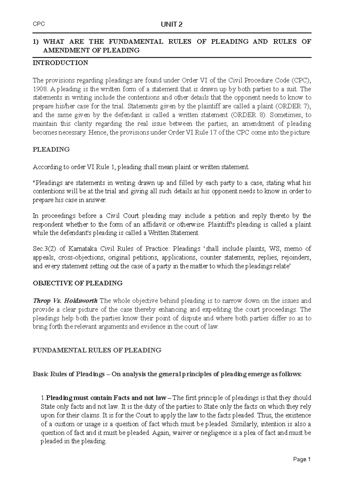 UNIT 2 CPC - A synopsis and detailed answer type document - 1) WHAT ARE ...