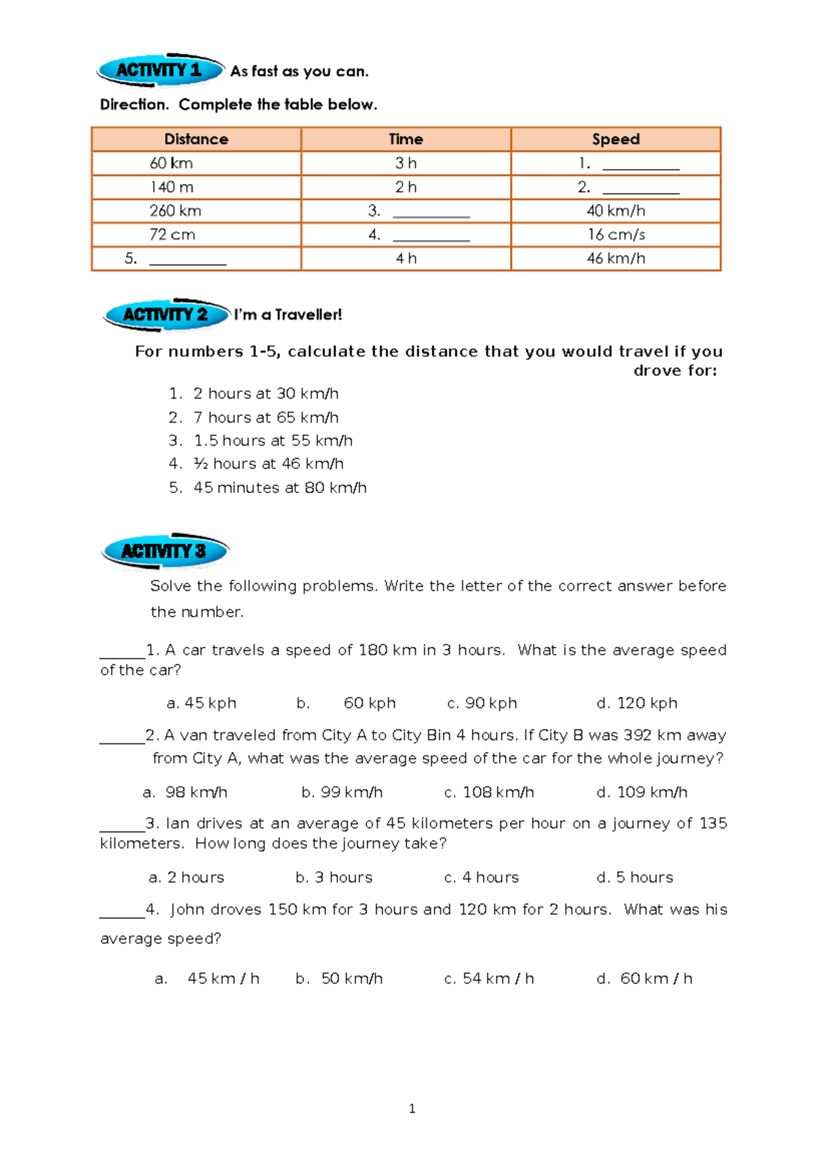 Q3 Math6- Activity - Lecture - For numbers 1-5, calculate the distance ...