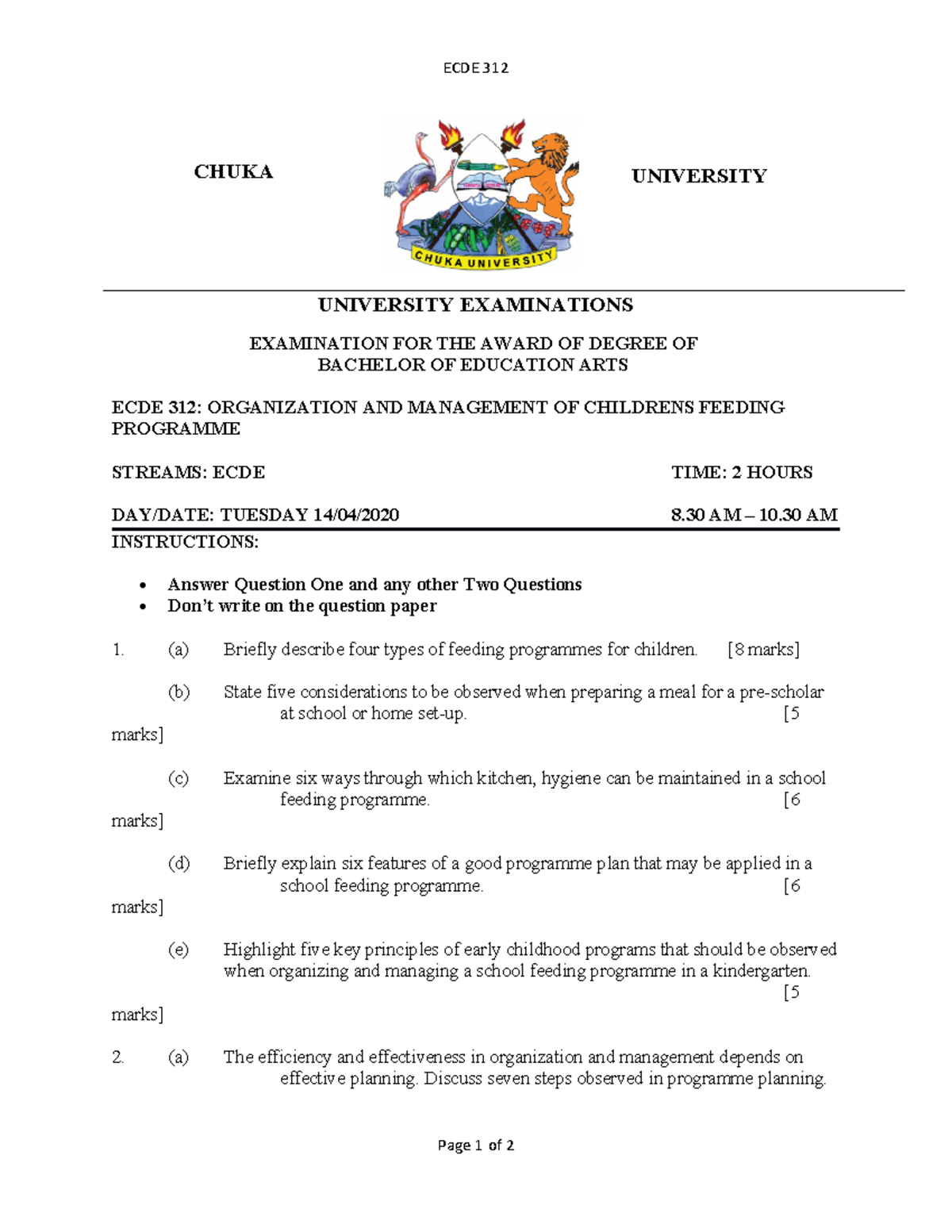 ECDE 312 - ECDE 312 CHUKA UNIVERSITY UNIVERSITY EXAMINATIONS ...