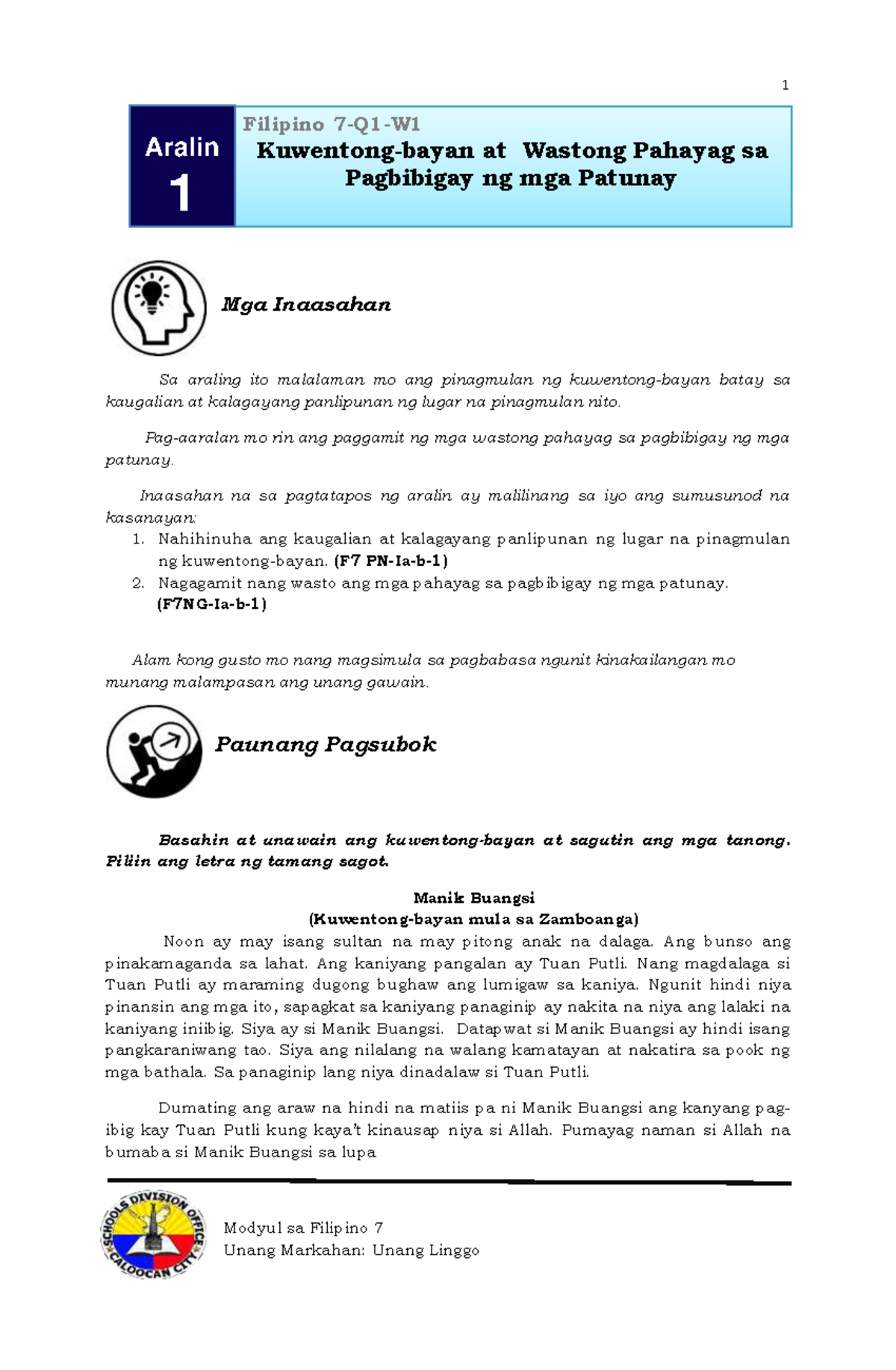 Filipino 7 Q1 Week 1 - Modyul sa Filipino 7 Sa araling ito malalaman mo ...