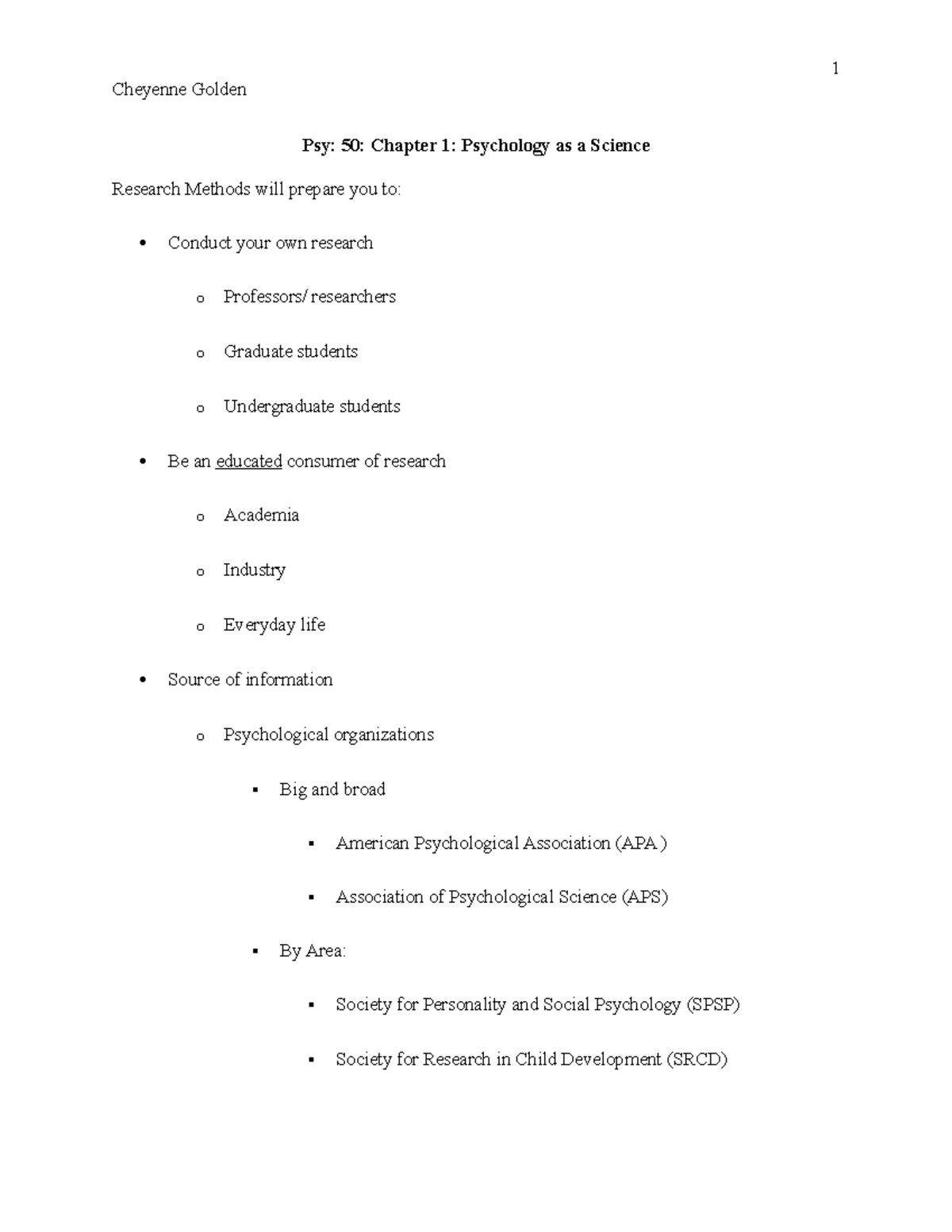 Psy-50 Chapter 1 Notes - Cheyenne Golden Psy: 50: Chapter 1: Psychology ...